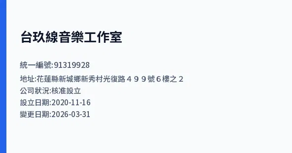 台玖線音樂工作室的照片-統編 91319928(花蓮縣) 公司登記資料與營業項目詳細圖表