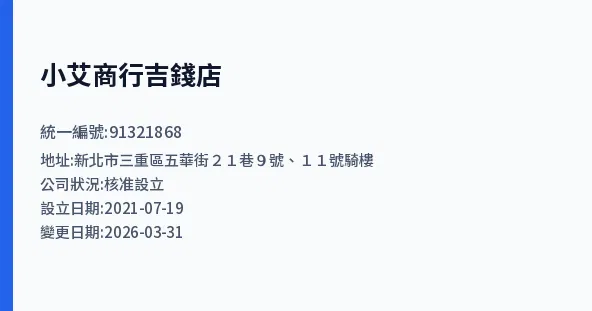 小艾商行吉錢店的照片-統編 91321868(新北市) 公司登記資料與營業項目詳細圖表