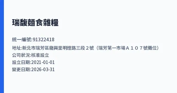 瑞馥麵食雜糧的照片-統編 91322418(新北市) 公司登記資料與營業項目詳細圖表