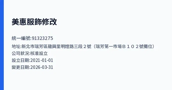 美惠服飾修改的照片-統編 91323275(新北市) 公司登記資料與營業項目詳細圖表