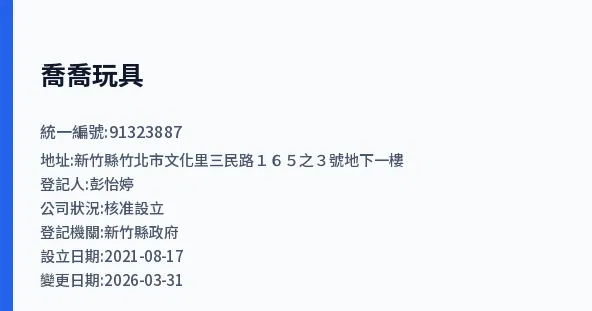 喬喬玩具的照片-統編 91323887(新竹縣) 公司登記資料與營業項目詳細圖表