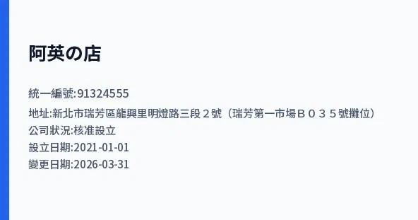 阿英の店的照片-統編 91324555(新北市) 公司登記資料與營業項目詳細圖表