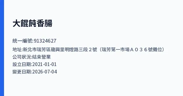 大餛飩香腸的照片-統編 91324627(新北市) 公司登記資料與營業項目詳細圖表