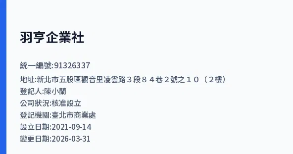 羽亨企業社的照片-統編 91326337(新北市) 公司登記資料與營業項目詳細圖表