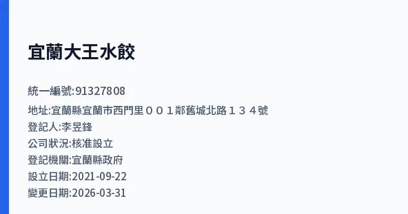 宜蘭大王水餃的照片-統編 91327808(宜蘭縣) 公司登記資料與營業項目詳細圖表
