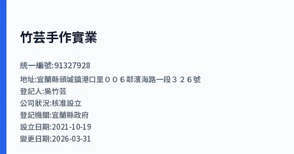 竹芸手作實業的照片-統編 91327928(宜蘭縣) 公司登記資料與營業項目詳細圖表