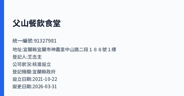 父山餐飲食堂的照片-統編 91327981(宜蘭縣) 公司登記資料與營業項目詳細圖表