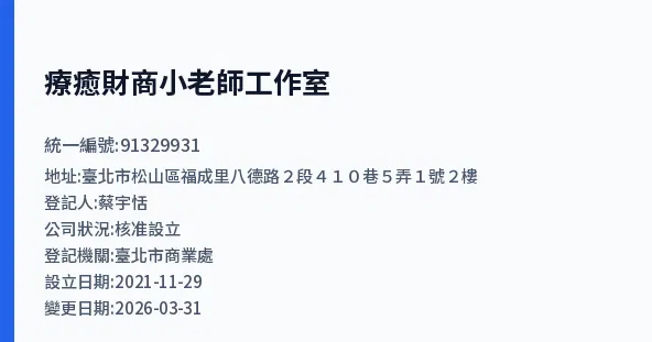 療癒財商小老師工作室的照片-統編 91329931(臺北市) 公司登記資料與營業項目詳細圖表