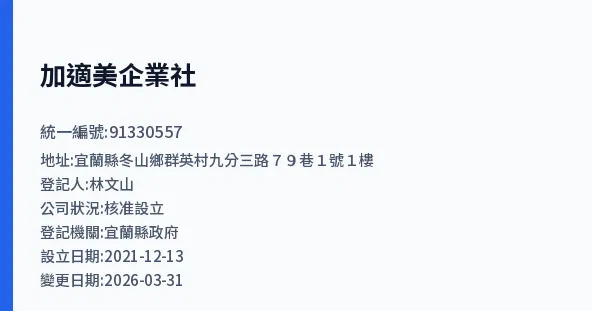 加適美企業社的照片-統編 91330557(宜蘭縣) 公司登記資料與營業項目詳細圖表