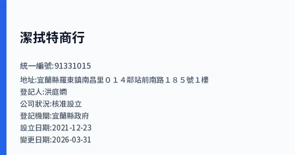 潔拭特商行的照片-統編 91331015(宜蘭縣) 公司登記資料與營業項目詳細圖表