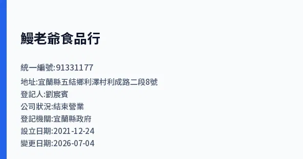 鰻老爺食品行的照片-統編 91331177(宜蘭縣) 公司登記資料與營業項目詳細圖表