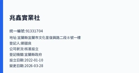 兆鑫實業社的照片-統編 91331704(宜蘭縣) 公司登記資料與營業項目詳細圖表