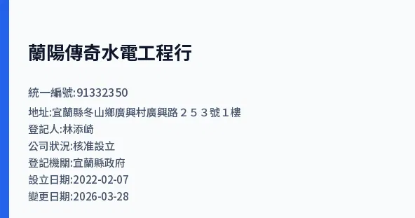 蘭陽傳奇水電工程行的照片-統編 91332350(宜蘭縣) 公司登記資料與營業項目詳細圖表