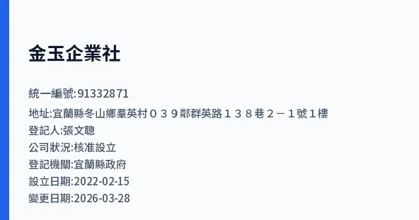 金玉企業社的照片-統編 91332871(宜蘭縣) 公司登記資料與營業項目詳細圖表