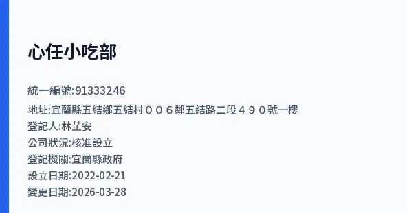 心任小吃部的照片-統編 91333246(宜蘭縣) 公司登記資料與營業項目詳細圖表