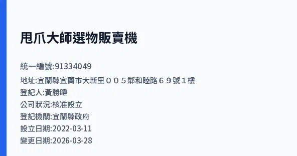 甩爪大師選物販賣機的照片-統編 91334049(宜蘭縣) 公司登記資料與營業項目詳細圖表