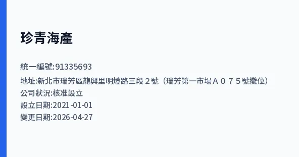 珍青海產的照片-統編 91335693(新北市) 公司登記資料與營業項目詳細圖表