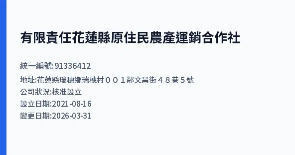 有限責任花蓮縣原住民農產運銷合作社的照片-統編 91336412(花蓮縣) 公司登記資料與營業項目詳細圖表
