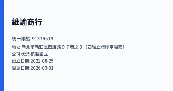 維諭商行的照片-統編 91336519(新北市) 公司登記資料與營業項目詳細圖表