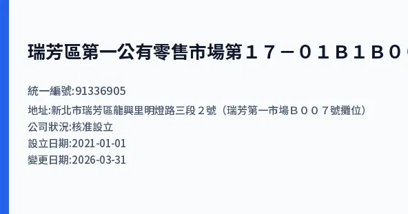 瑞芳區第一公有零售市場第17-01B1B007號攤位的照片-統編 91336905(新北市) 公司登記資料與營業項目詳細圖表