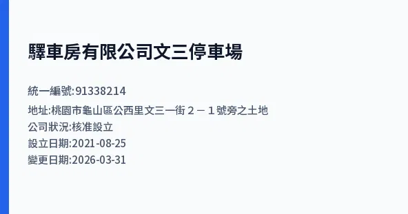 驛車房有限公司文三停車場的照片-統編 91338214(桃園市) 公司登記資料與營業項目詳細圖表