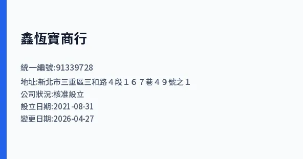 鑫恆寶商行的照片-統編 91339728(新北市) 公司登記資料與營業項目詳細圖表