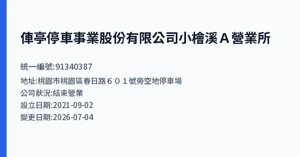 俥亭停車事業股份有限公司小檜溪A營業所的照片-統編 91340387(桃園市) 公司登記資料與營業項目詳細圖表