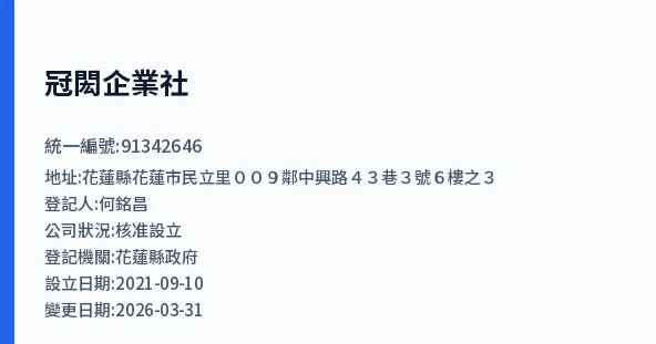 冠閎企業社的照片-統編 91342646(花蓮縣) 公司登記資料與營業項目詳細圖表