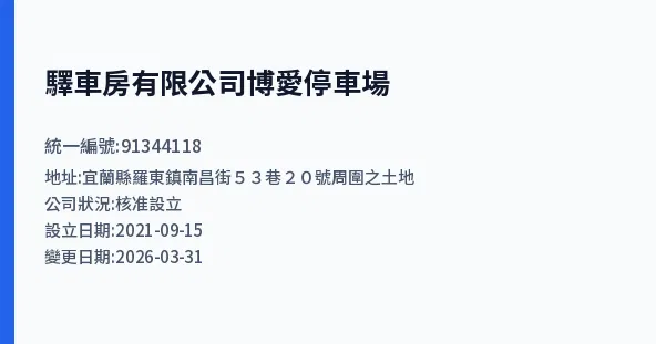驛車房有限公司博愛停車場的照片-統編 91344118(宜蘭縣) 公司登記資料與營業項目詳細圖表