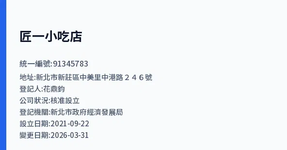 匠一小吃店的照片-統編 91345783(新北市) 公司登記資料與營業項目詳細圖表
