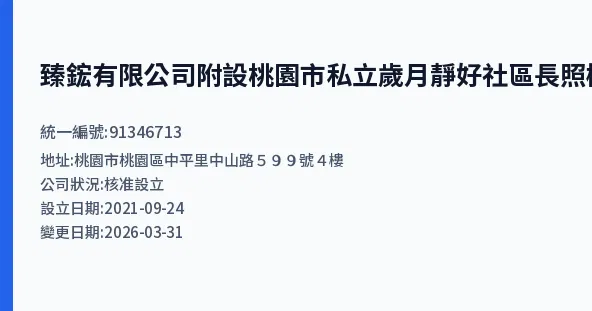 臻鋐有限公司附設桃園市私立歲月靜好社區長照機構的照片-統編 91346713(桃園市) 公司登記資料與營業項目詳細圖表