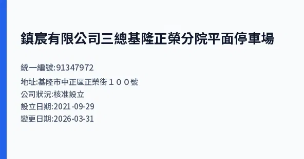 鎮宸有限公司三總基隆正榮分院平面停車場的照片-統編 91347972(基隆市) 公司登記資料與營業項目詳細圖表