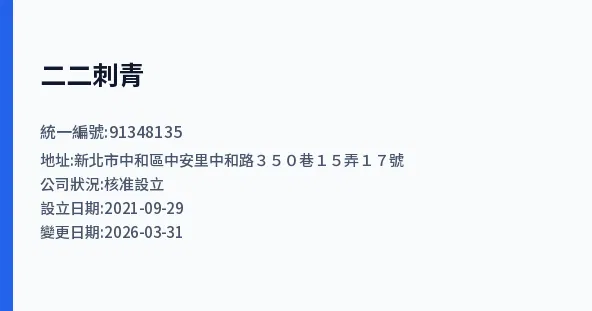 二二刺青的照片-統編 91348135(新北市) 公司登記資料與營業項目詳細圖表