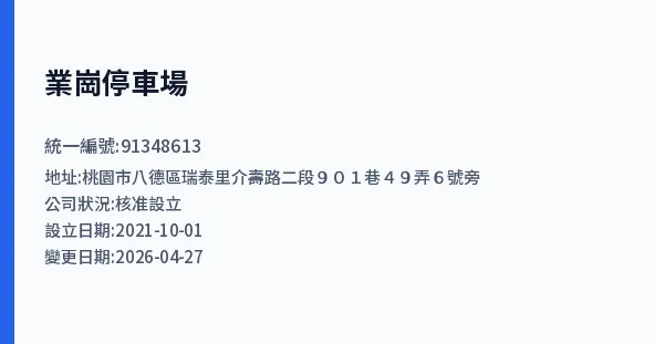 業崗停車場的照片-統編 91348613(桃園市) 公司登記資料與營業項目詳細圖表