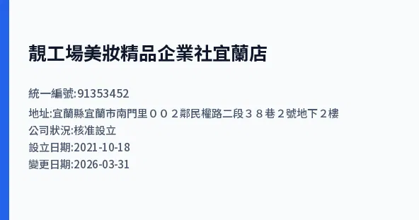 靚工場美妝精品企業社宜蘭店的照片-統編 91353452(宜蘭縣) 公司登記資料與營業項目詳細圖表