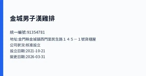 金城男子漢雞排的照片-統編 91354781(金門縣) 公司登記資料與營業項目詳細圖表