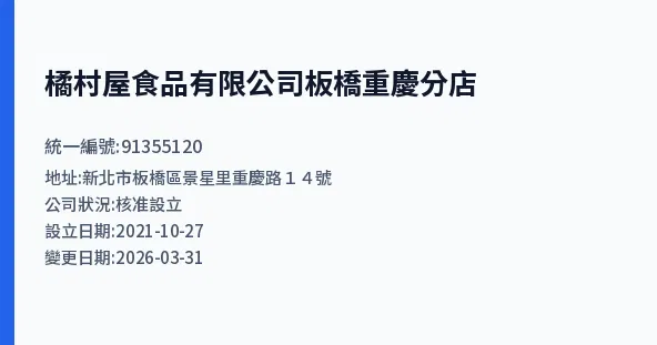 橘村屋食品有限公司板橋重慶分店的照片-統編 91355120(新北市) 公司登記資料與營業項目詳細圖表