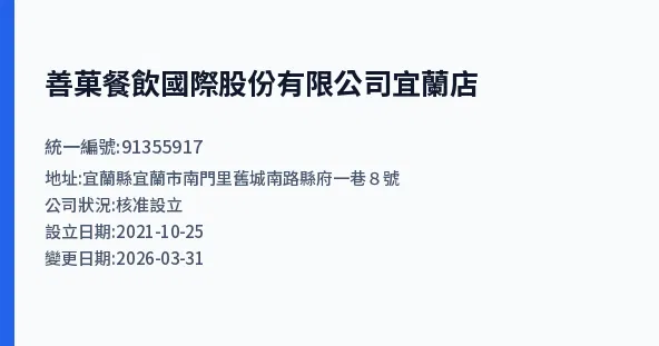 善菓餐飲國際股份有限公司宜蘭店的照片-統編 91355917(宜蘭縣) 公司登記資料與營業項目詳細圖表