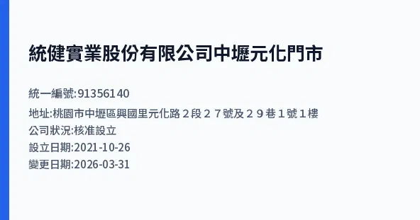 統健實業股份有限公司中壢元化門市的照片-統編 91356140(桃園市) 公司登記資料與營業項目詳細圖表