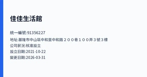 佳佳生活館的照片-統編 91356227(基隆市) 公司登記資料與營業項目詳細圖表