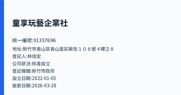 童享玩藝企業社的照片-統編 91357696(新竹市) 公司登記資料與營業項目詳細圖表