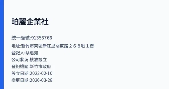 珀麗企業社的照片-統編 91358766(新竹市) 公司登記資料與營業項目詳細圖表