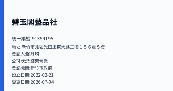 碧玉閣藝品社的照片-統編 91359195(新竹市) 公司登記資料與營業項目詳細圖表