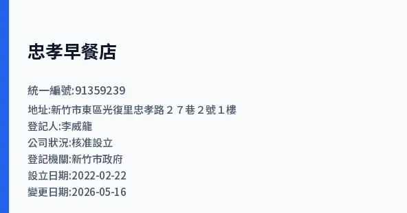 忠孝早餐店的照片-統編 91359239(新竹市) 公司登記資料與營業項目詳細圖表