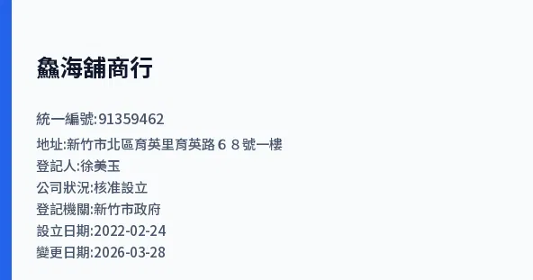 鱻海舖商行的照片-統編 91359462(新竹市) 公司登記資料與營業項目詳細圖表