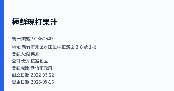 極鮮現打果汁的照片-統編 91360643(新竹市) 公司登記資料與營業項目詳細圖表
