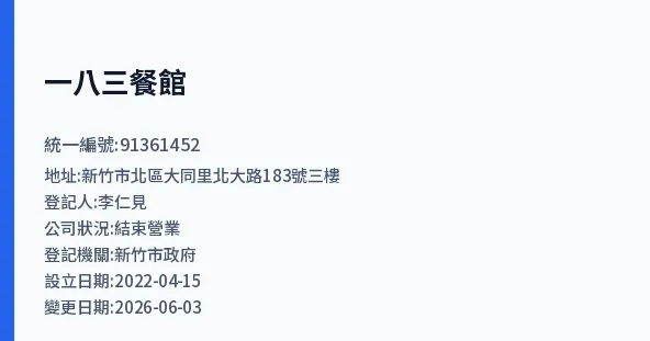 一八三餐館的照片-統編 91361452(新竹市) 公司登記資料與營業項目詳細圖表