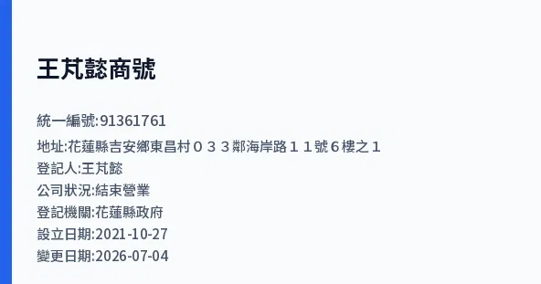 王芃懿商號的照片-統編 91361761(花蓮縣) 公司登記資料與營業項目詳細圖表