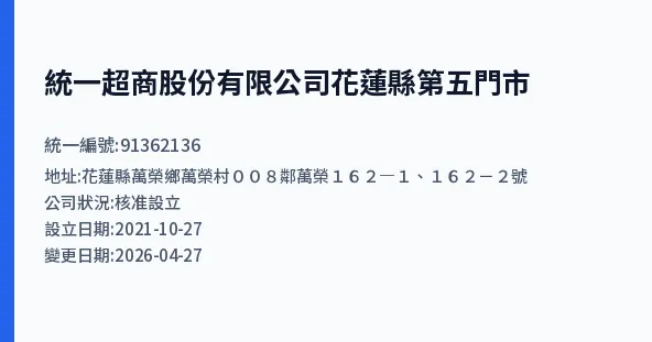 統一超商股份有限公司花蓮縣第五門市的照片-統編 91362136(花蓮縣) 公司登記資料與營業項目詳細圖表