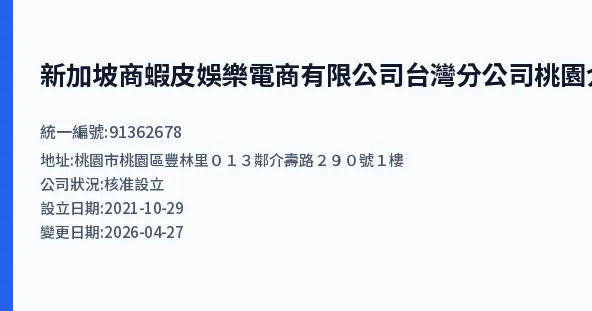新加坡商蝦皮娛樂電商有限公司台灣分公司桃園介壽營業所的照片-統編 91362678(桃園市) 公司登記資料與營業項目詳細圖表